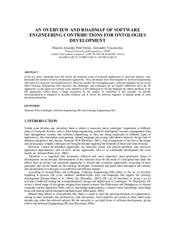 (PDF) AN OVERVIEW AND ROADMAP OF SOFTWARE ENGINEERING CONTRIBUTIONS FOR ONTOLOGIES DEVELOPMENT