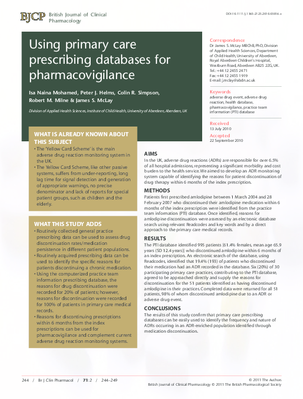 (PDF) Using primary care prescribing databases for pharmacovigilance | James Mclay and Isa ...