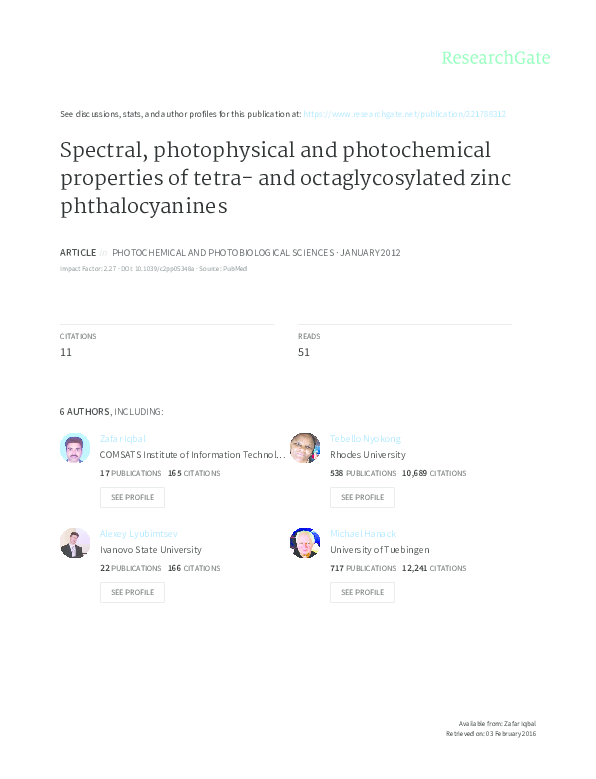 (PDF) Spectral, photophysical and photochemical properties of tetra ...