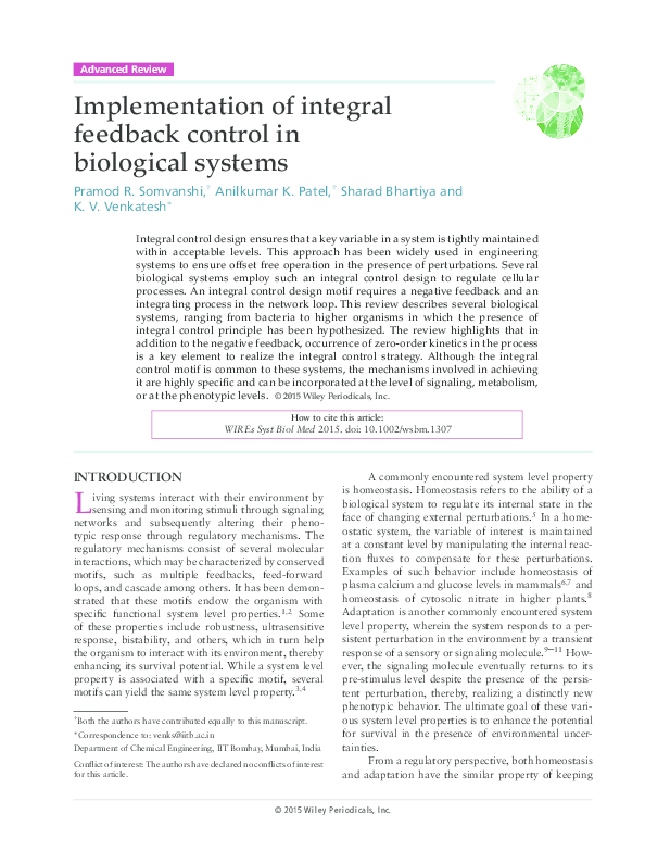 Pdf Implementation Of Integral Feedback Control In Biological Systems