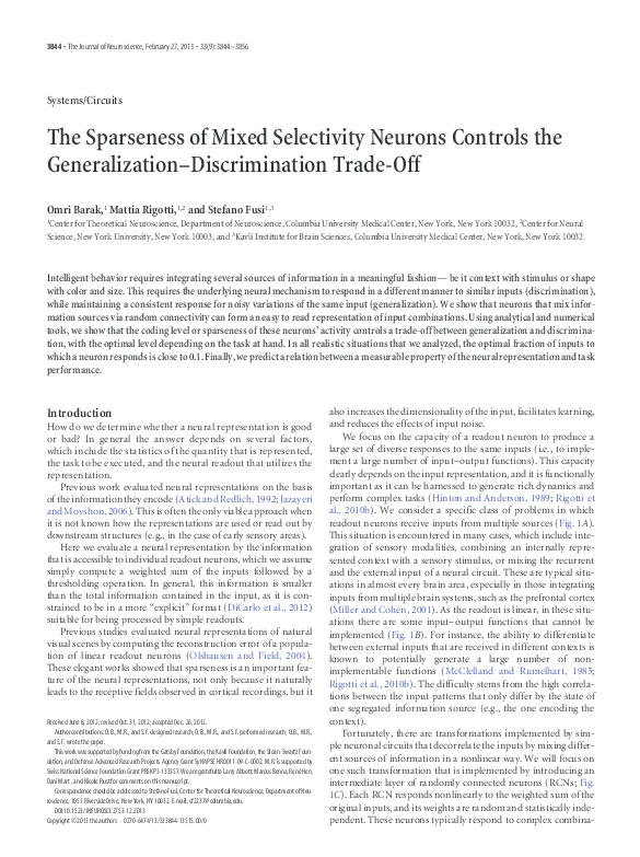 (PDF) The Sparseness of Mixed Selectivity Neurons Controls the ...