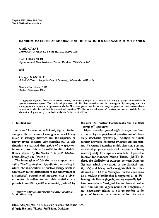 (PDF) Random matrices as models for the statistics of quantum mechanics
