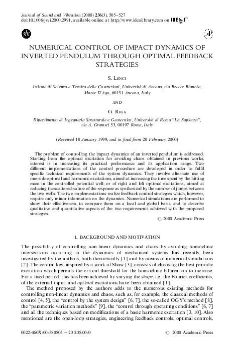 (PDF) NUMERICAL CONTROL OF IMPACT DYNAMICS OF INVERTED PENDULUM THROUGH OPTIMAL FEEDBACK STRATEGIES