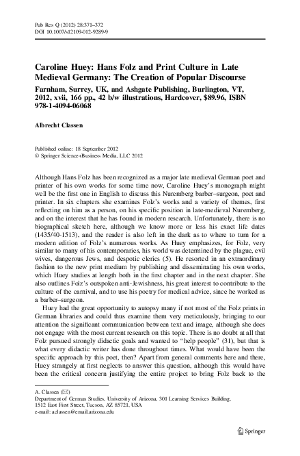 (PDF) Caroline Huey: Hans Folz and Print Culture in Late Medieval ...