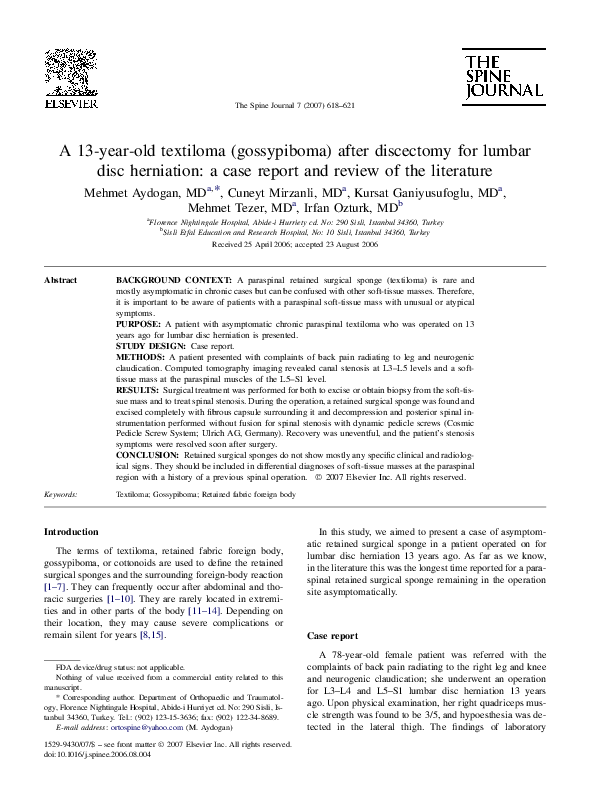 (PDF) A 13-year-old textiloma (gossypiboma) after discectomy for lumbar ...