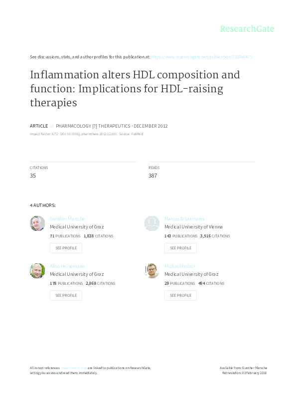 (PDF) Inflammation alters HDL composition and function: Implications for HDL-raising therapies