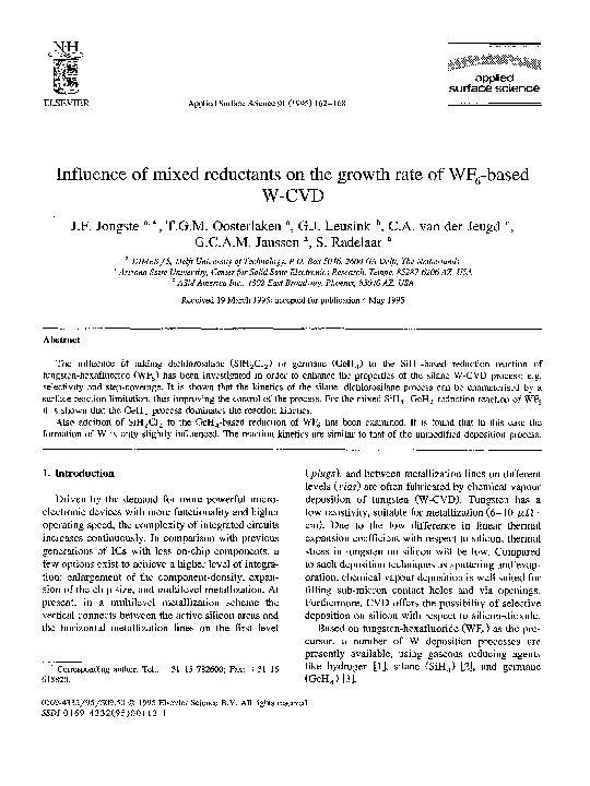(PDF) Influence of mixed reductants on the growth rate of WF6-based W-CVD