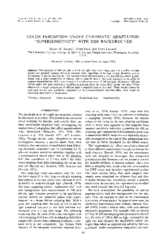 (PDF) Color perception under chromatic adaptation: “Supersensitivity” with dim backgrounds