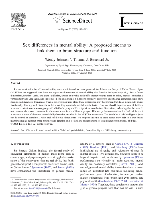 Pdf Sex Differences In Mental Ability A Proposed Means To Link Them