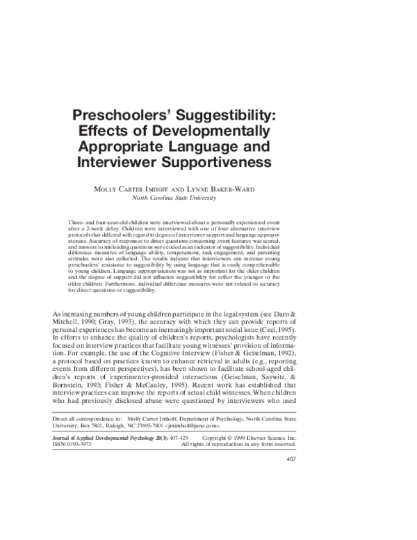 (PDF) Preschoolers' Suggestibility:: Effects of Developmentally ...