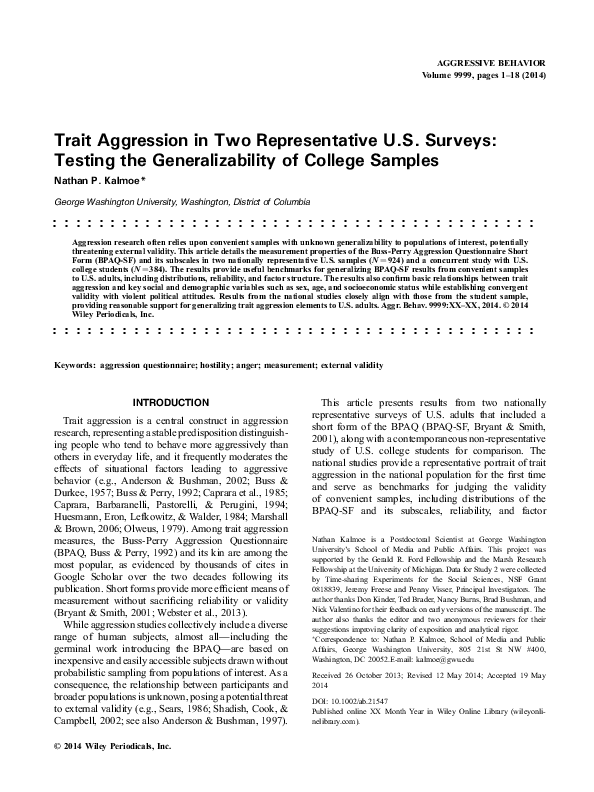 (PDF) Trait aggression in two representative U.S. surveys: Testing the ...