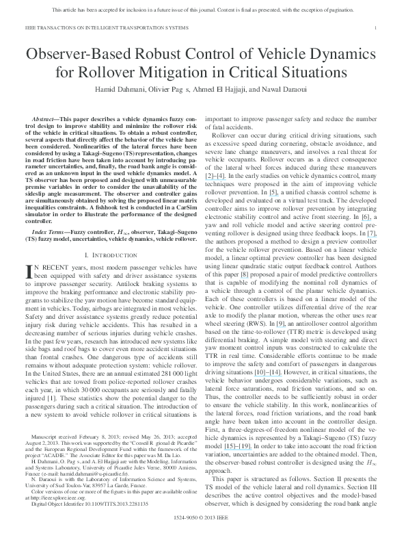 (PDF) Observer-Based Robust Control of Vehicle Dynamics for Rollover Mitigation in Critical ...