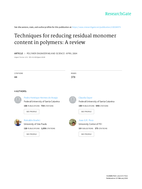 (PDF) Techniques for reducing residual monomer content in polymers: A ...