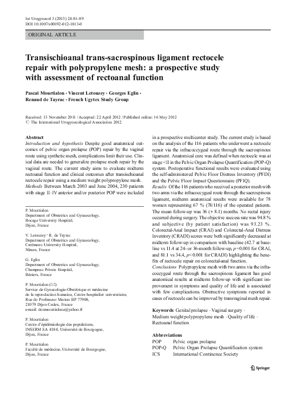 (PDF) Transischioanal trans-sacrospinous ligament rectocele repair with ...