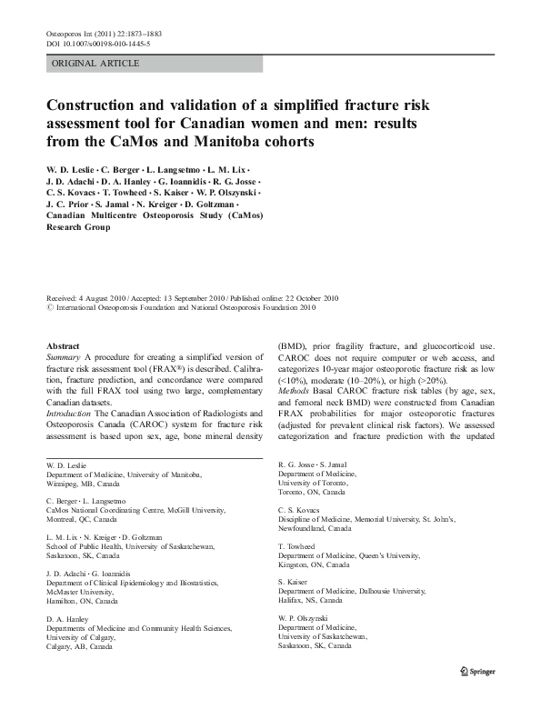 (PDF) Construction and validation of a simplified fracture risk ...