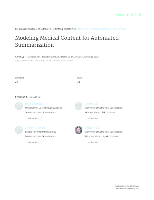 (PDF) Modeling Medical Content for Automated Summarization