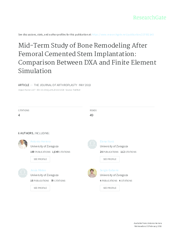 (PDF) Mid-Term Study of Bone Remodeling After Femoral Cemented Stem Implantation: Comparison ...