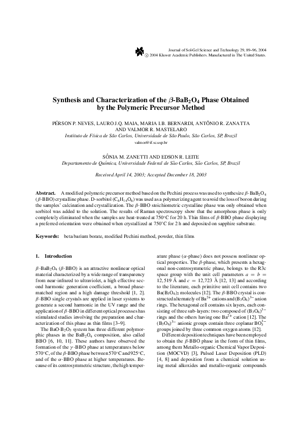 (PDF) Synthesis and Characterization of the β-BaB 2 O 4 Phase Obtained ...