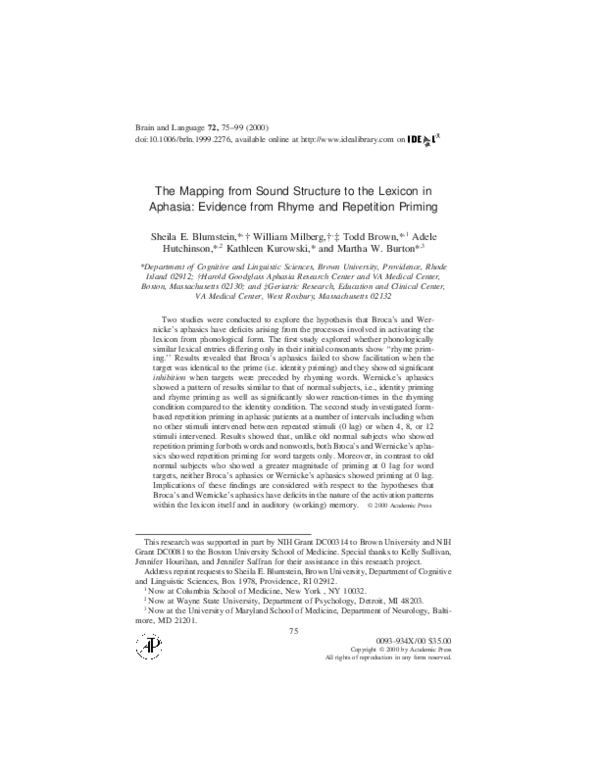 (PDF) The Mapping from Sound Structure to the Lexicon in Aphasia ...