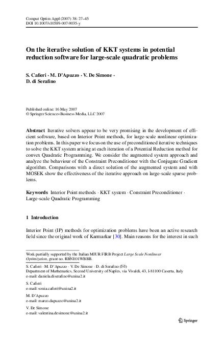 (PDF) On the iterative solution of KKT systems in potential reduction ...