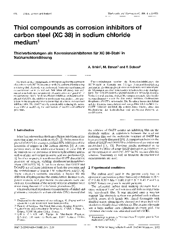 (PDF) Thiol compounds as corrosion inhibitors of carbon steel (XC 38 ...