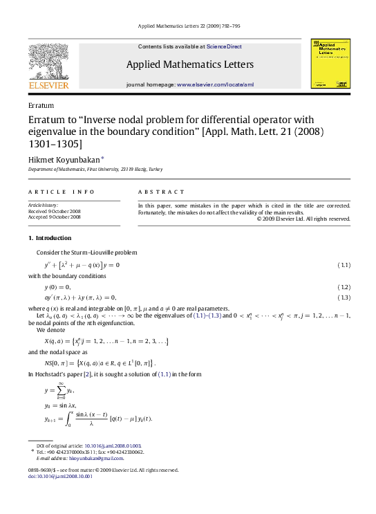 Pdf Erratum To Inverse Nodal Problem For Differential Operator With