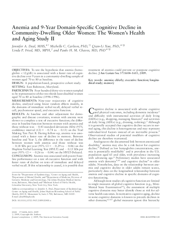 (PDF) Anemia and 9-Year Domain-Specific Cognitive Decline in Community ...