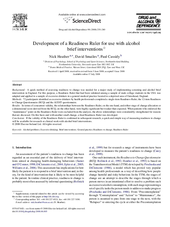 (PDF) Development of a Readiness Ruler for use with alcohol brief ...