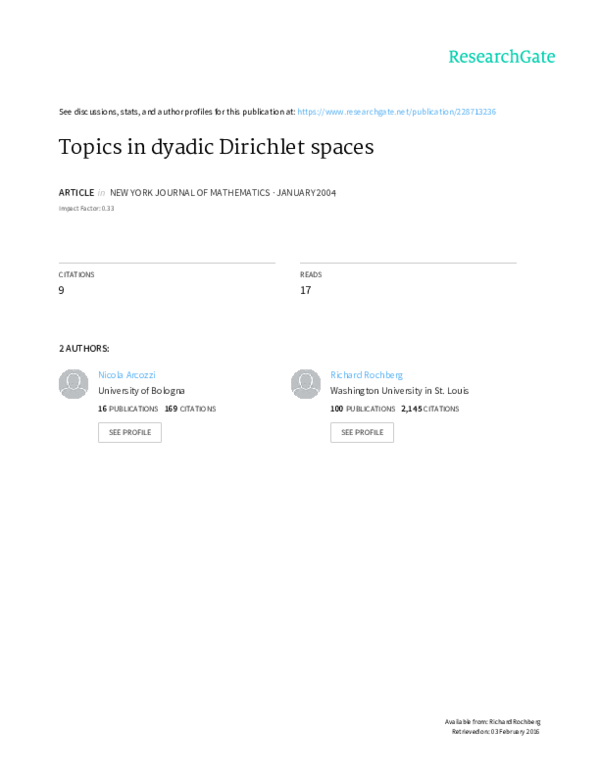 (PDF) Topics in dyadic Dirichlet spaces