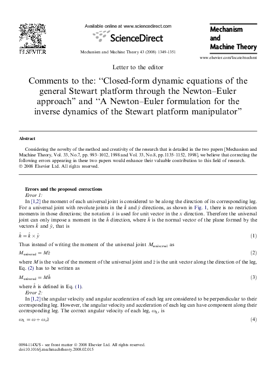 (PDF) Comments to the: “Closed-form dynamic equations of the general ...