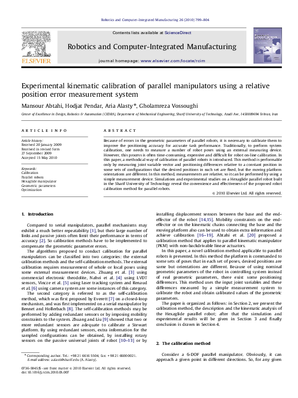 Pdf Experimental Kinematic Calibration Of Parallel Manipulators Using A Relative Position