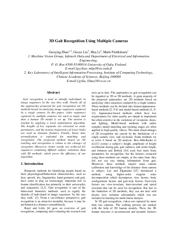 (PDF) 3D Gait Recognition Using Multiple Cameras