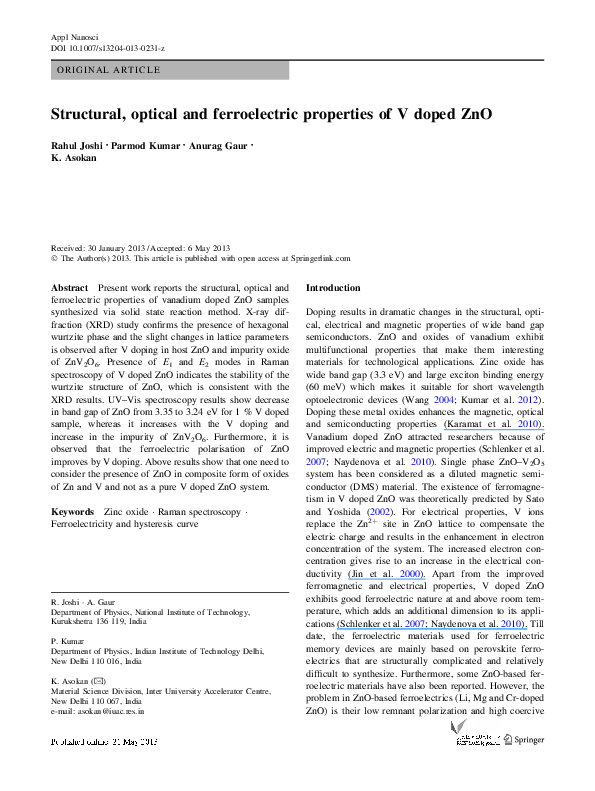 (PDF) Structural, optical and ferroelectric properties of Cu, Cr, and Li doped ZnO