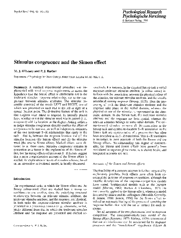 (PDF) Stimulus congruence and the Simon effect