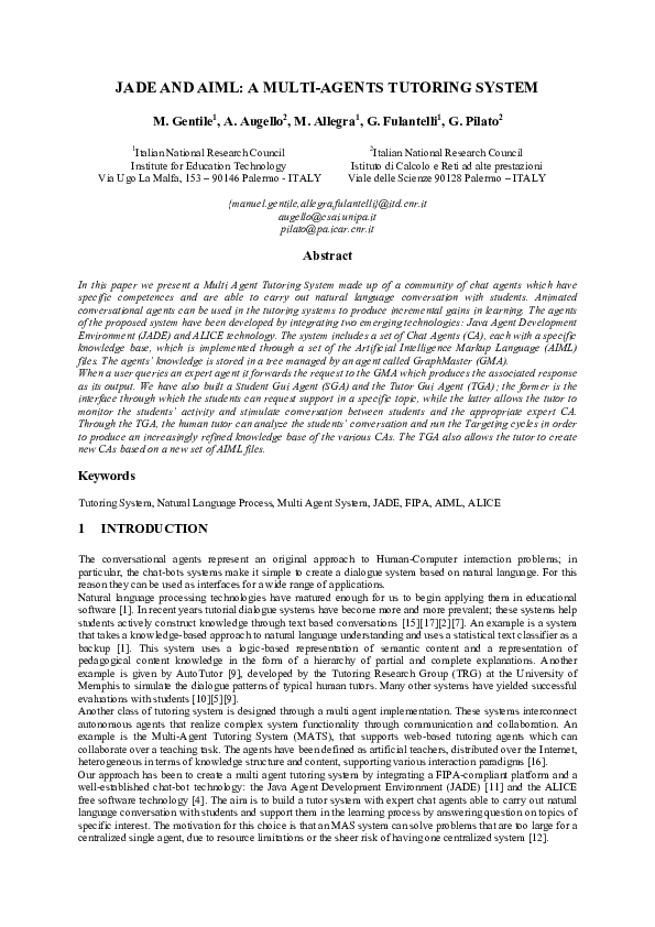(PDF) Jade and Aiml: A Multi-Agents Tutoring System