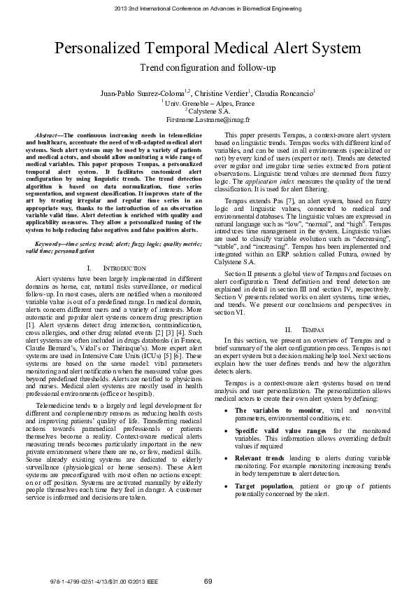 (PDF) Personalized temporal medical alert system | Claudia Roncancio - Academia.edu