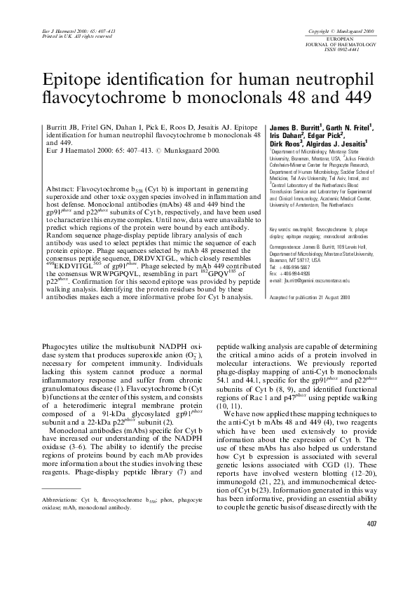(PDF) Epitope identification for human neutrophil flavocytochrome b ...