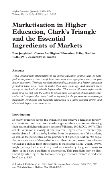 (PDF) Marketisation in Higher Education, Clark's Triangle and the ...