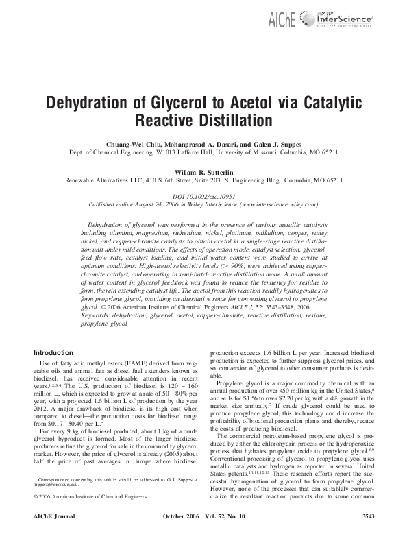 (PDF) Dehydration of glycerol to acetol via catalytic reactive distillation