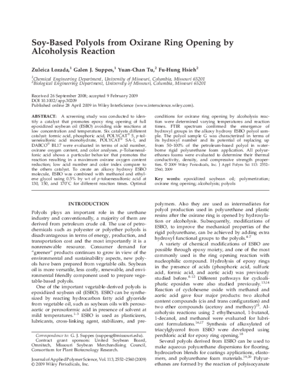 (PDF) Soy-based polyols from oxirane ring opening by alcoholysis reaction