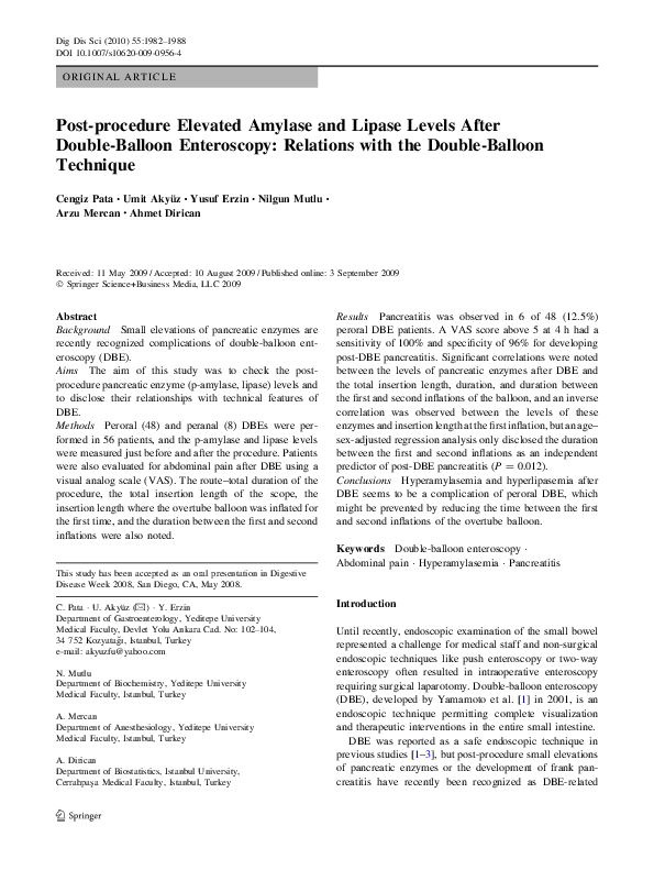 (PDF) Post-procedure Elevated Amylase and Lipase Levels After Double ...