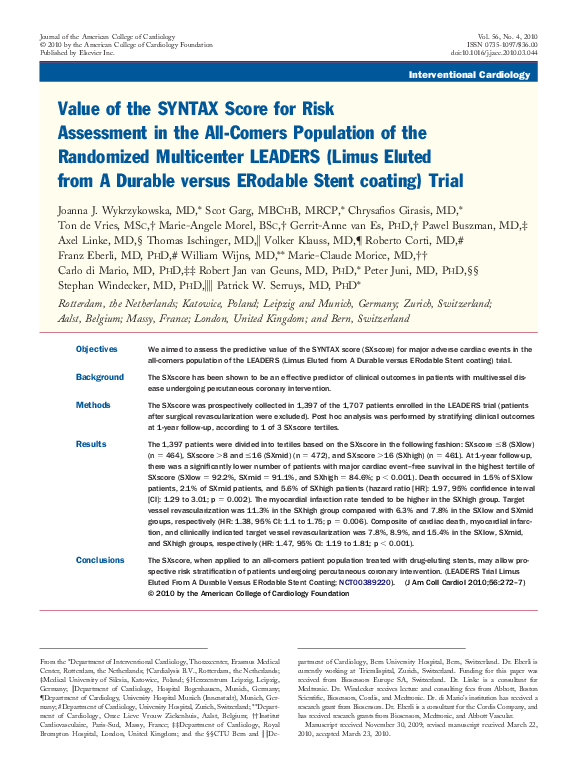(PDF) Value of the SYNTAX Score for Risk Assessment in the All-Comers ...