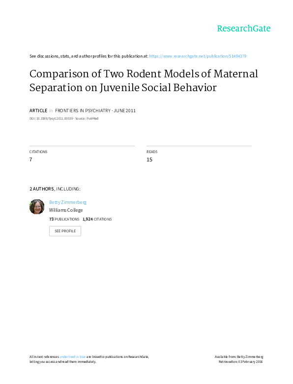 (PDF) Comparison of two rodent models of maternal separation on ...