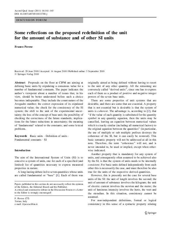 (PDF) Some reflections on the proposed redefinition of the unit for the ...