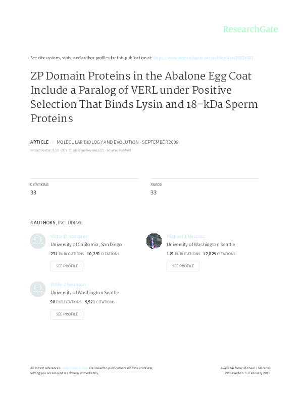 (PDF) ZP Domain Proteins in the Abalone Egg Coat Include a Paralog of ...