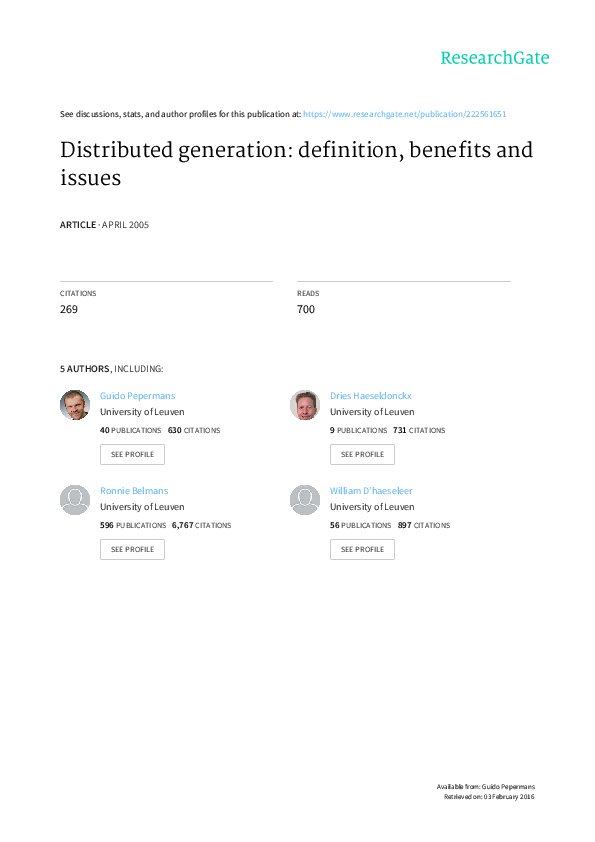 (PDF) Distributed generation: definition, benefits and issues