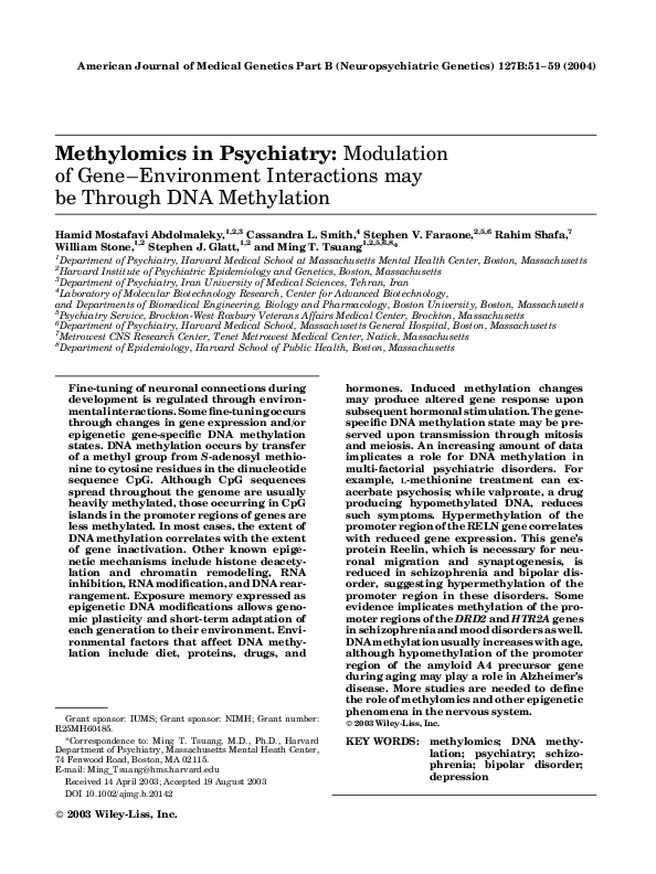 (PDF) Methylomics in psychiatry: Modulation of gene-environment ...