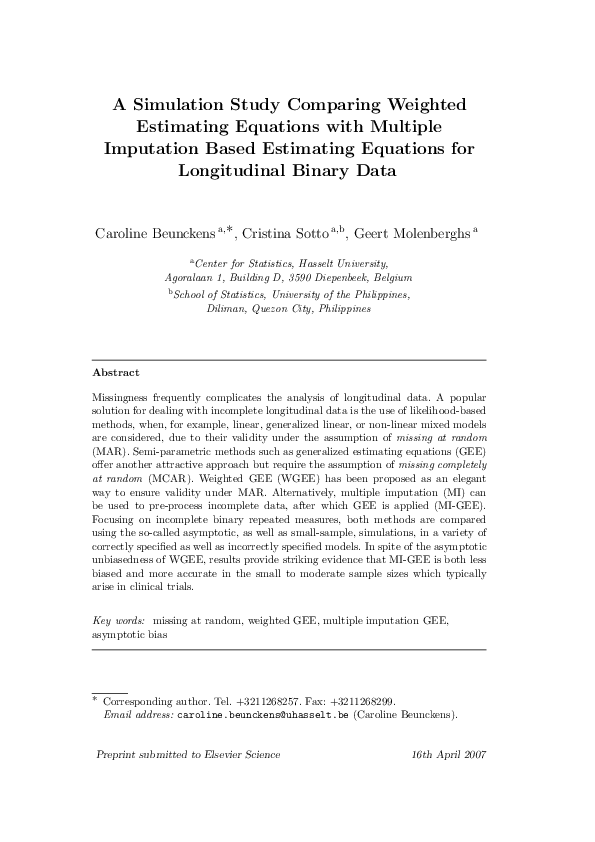 (PDF) A simulation study comparing weighted estimating equations with multiple imputation based ...