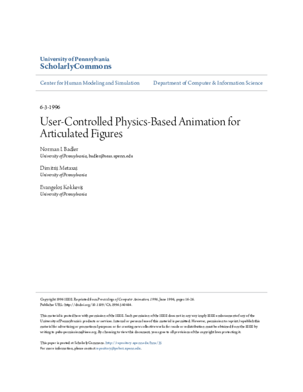 Pdf User Controlled Physics Based Animation For Articulated Figures Norman Badler