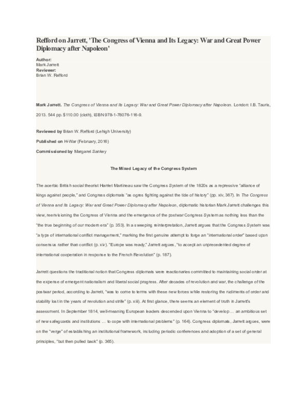 (DOC) Refford on Jarrett, 'The Congress of Vienna and Its Legacy: War ...